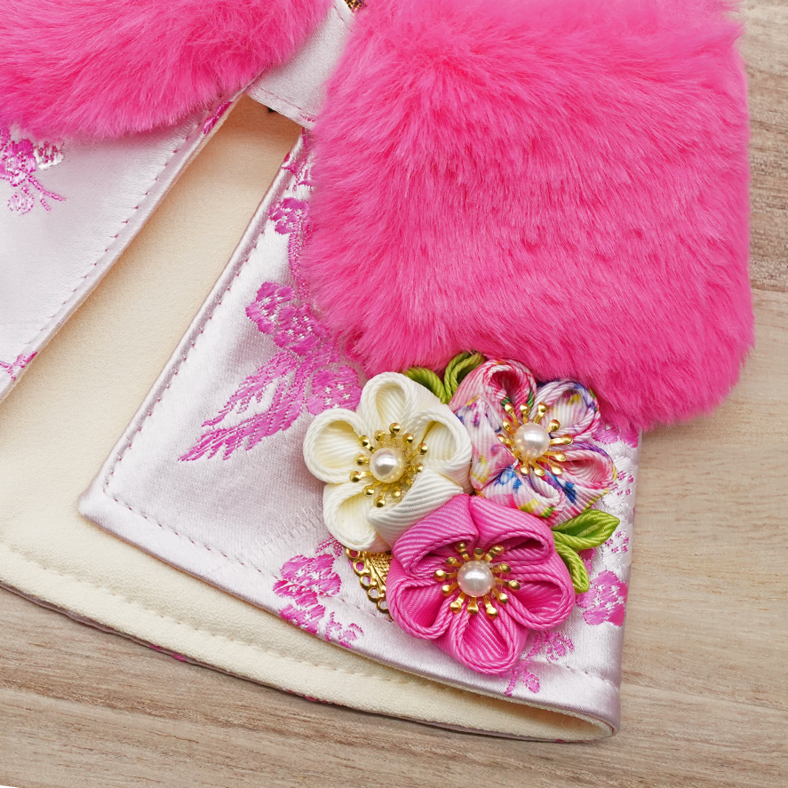 Spring Imperial Baby Pink Blossoms CNY Cape with Fuschia Pink Faux Fur